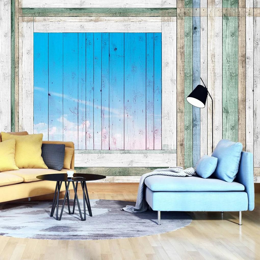 Fototapeta - Dřevěná prkna - modré okno (152,5x104 cm)