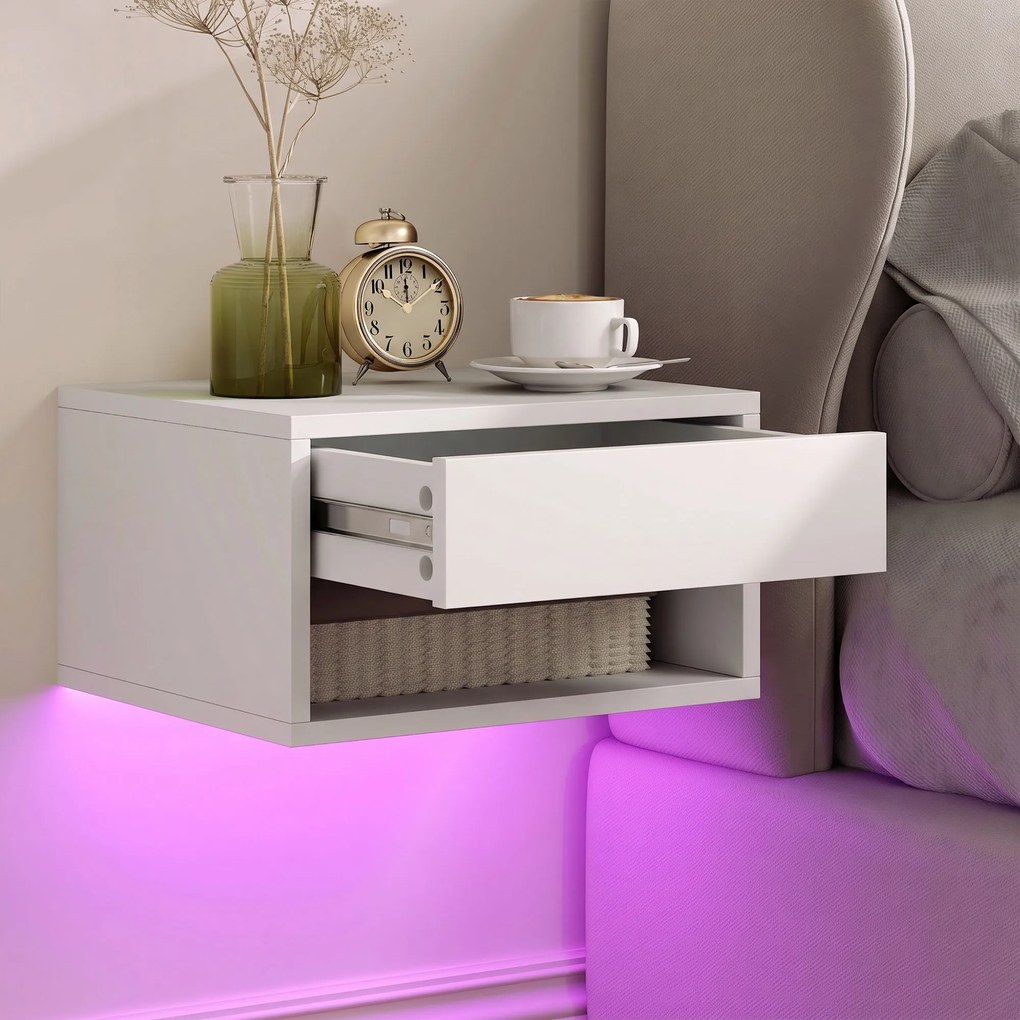 HOMCOM Noční stolek 2dílná sada s RGB LED osvětlením, závěsná noční skříňka s šuplíkem a otevřenou přihrádkou, bílá