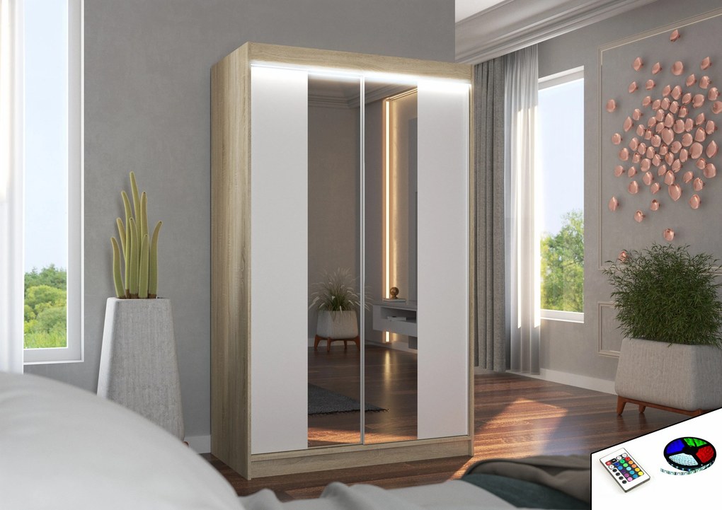 ADRK Furniture Posuvná skříň se zrcadlem a LED osvětlením MARVIN 120 ADRK-SW-MAR-SW-120+L