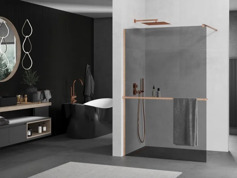 Mexen Kioto+, sprchová zástěna Walk-In s poličkou a věšákem 70 x 200 cm, 8mm šedé sklo, měděný matný profil, 800-070-121-65-40
