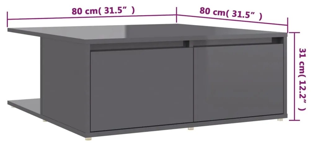 vidaXL Konferenční stolek vysoký lesk šedý 80 x 80 x 31 cm dřevotříska