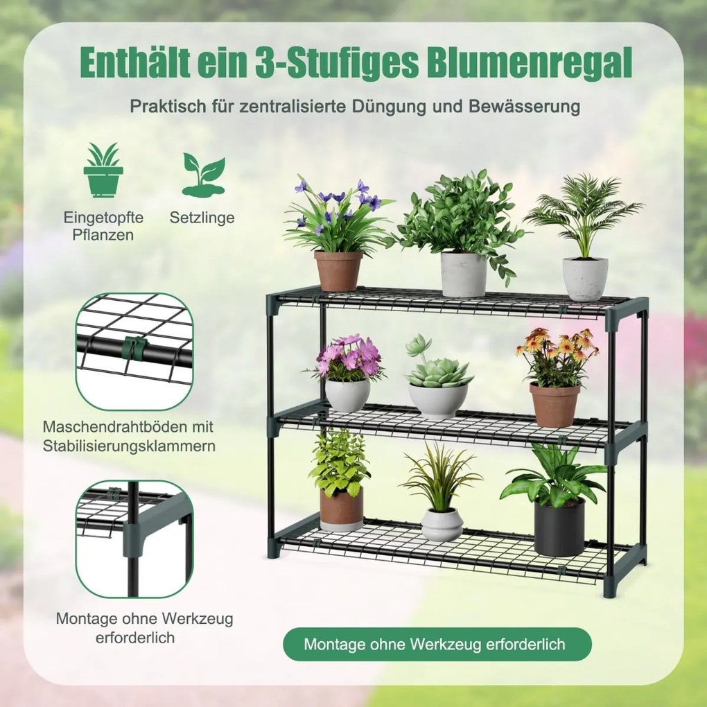 Costway Film Greenhouse Walk-in Mini skleník s policí na květiny, zelený