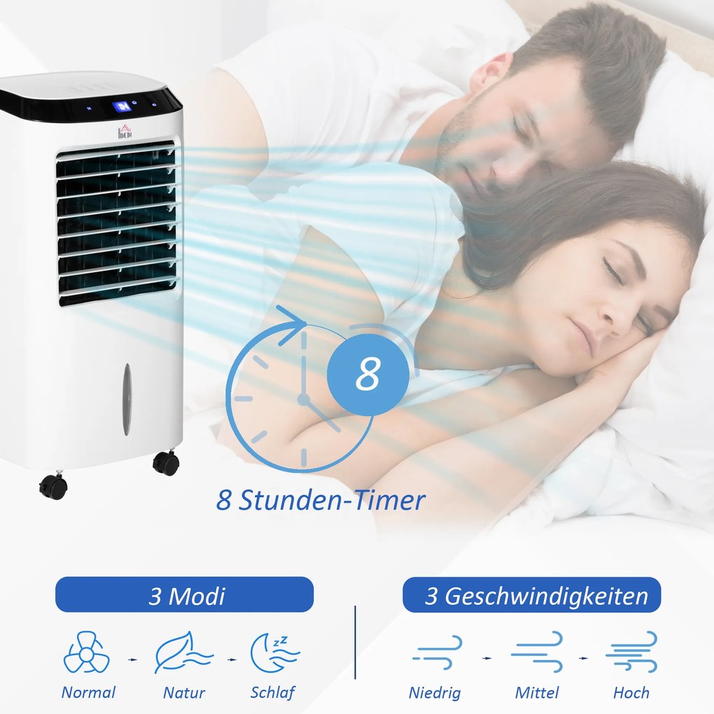 HOMCOM Mobilní klimatizace 600W pro místnosti do 20m² s 8h časovačem, zvlhčováním a chlazením vodou, přenosná klimatizace z ABS 38,2x31,6x76cm | Aoso…
