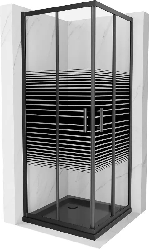Mexen Rio, čtvercový sprchový kout 80(dveře)x80(dveře)x190 cm, 5mm čiré sklo-vzor pásky, černý profil + černá sprchová vanička SLIM, 860-080-080-70-20-4070B