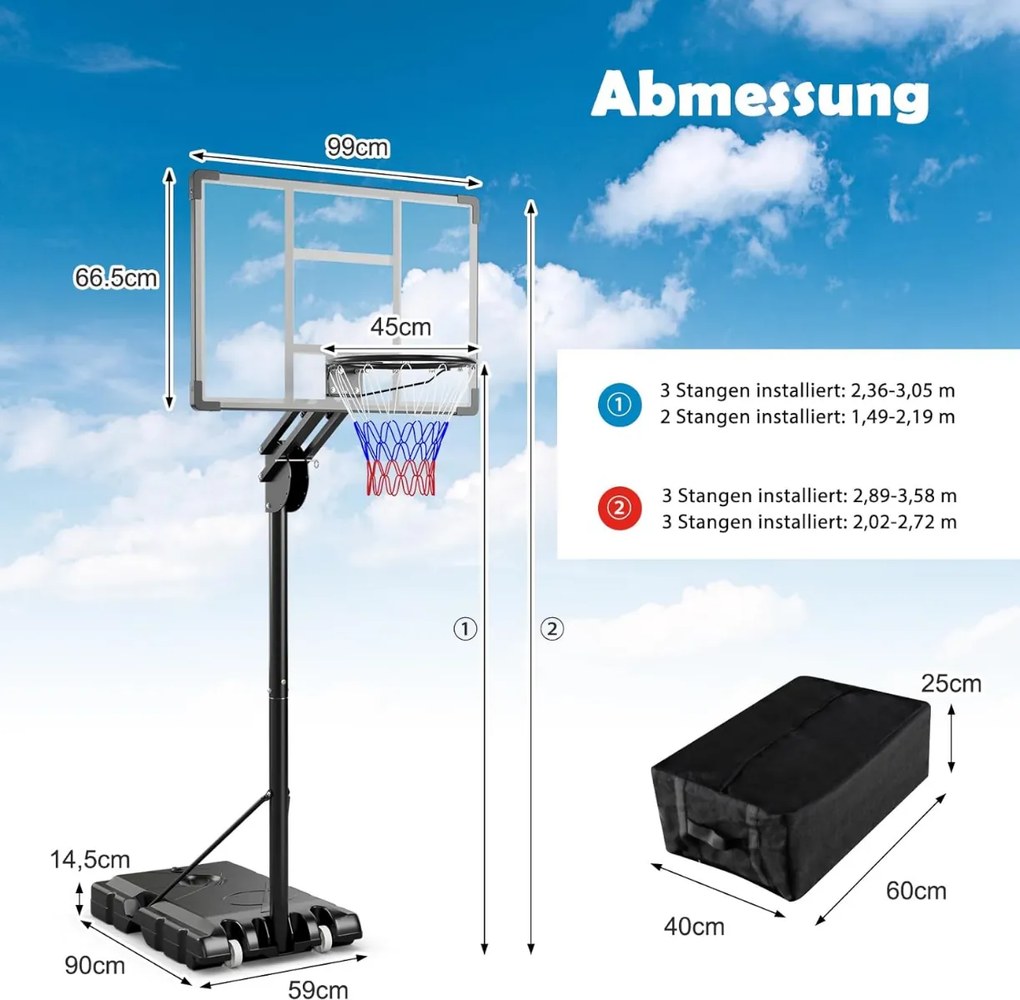 Costway Venkovní basketbalový koš 135/143-305 cm Výškově nastavitelný