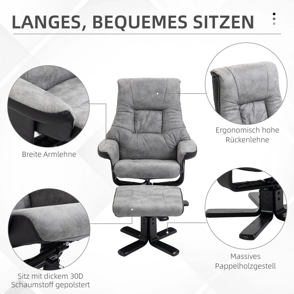 HOMCOM polohovací křeslo s taburetem, otočné TV křeslo s funkcí polohování, mikrovlákno šedé, 78x82,5x109 cm, ideální pro obývací pokoj a relaxaci | …
