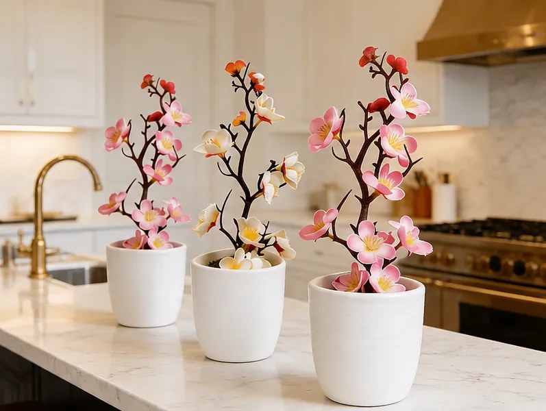 umělá květina, bonsai švestkového květu, plast, výška 28 cm, růžová, Dekorino UK20260002