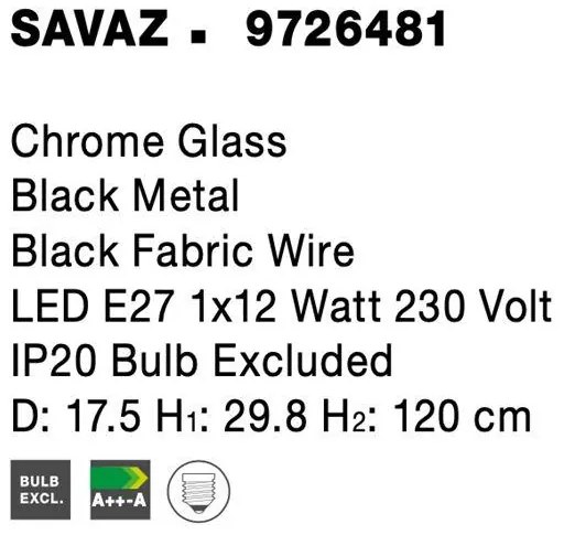 Nova Luce Závěsné svítidlo SAVAZ chromové sklo černý kov černý kabel E27 1x12W