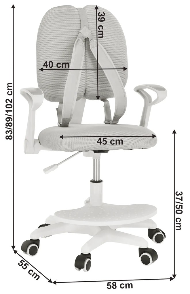 Rostoucí dětská židle ANAIS s podnoží a popruhy, síťovaná látka šedá, plast bílý