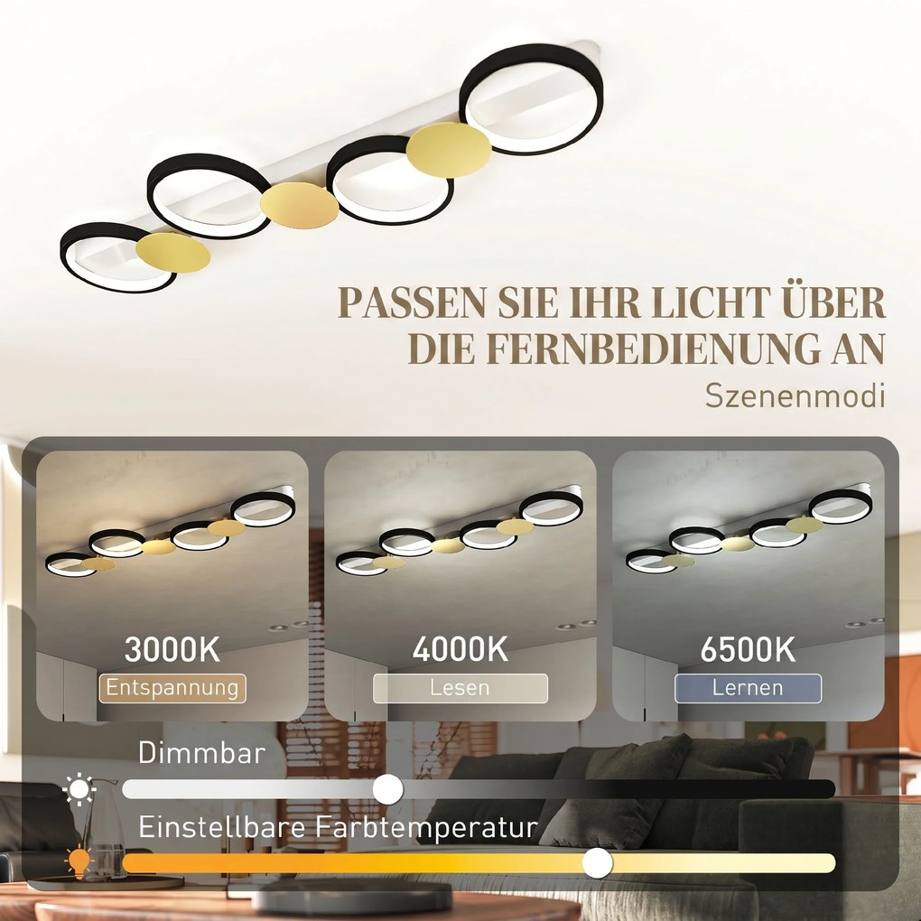 Stropní svítidlo LED 38W 1500LM 3000K-6500K Stropní svítidlo Lampa do obývacího pokoje se 4 žárovkami dálkové ovládání Černá+zlatá