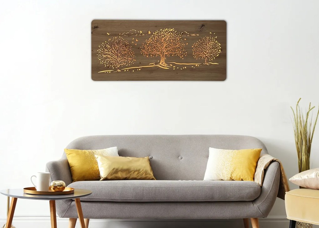 Li-Go "Tři lípy" světelný obraz s baterií 110x50cm varianta: ovládání na obraze včetně dálkového ovladače, provedení: dub světlý