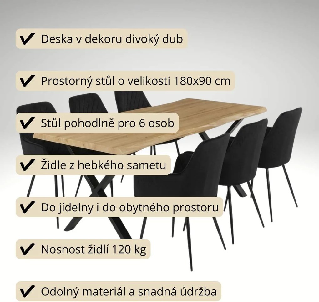 Vikio Jídelní set pro 6 osob 180x90 cm soft dub noha X černá židle s područkami VJS228-6C