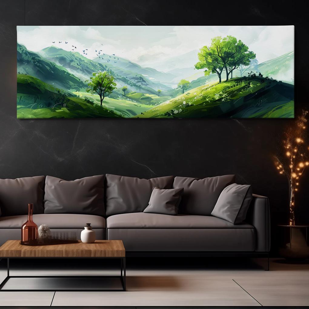 Obraz na plátně - Kopečky s osamělými stromečky FeelHappy.cz Velikost obrazu: 240 x 80 cm