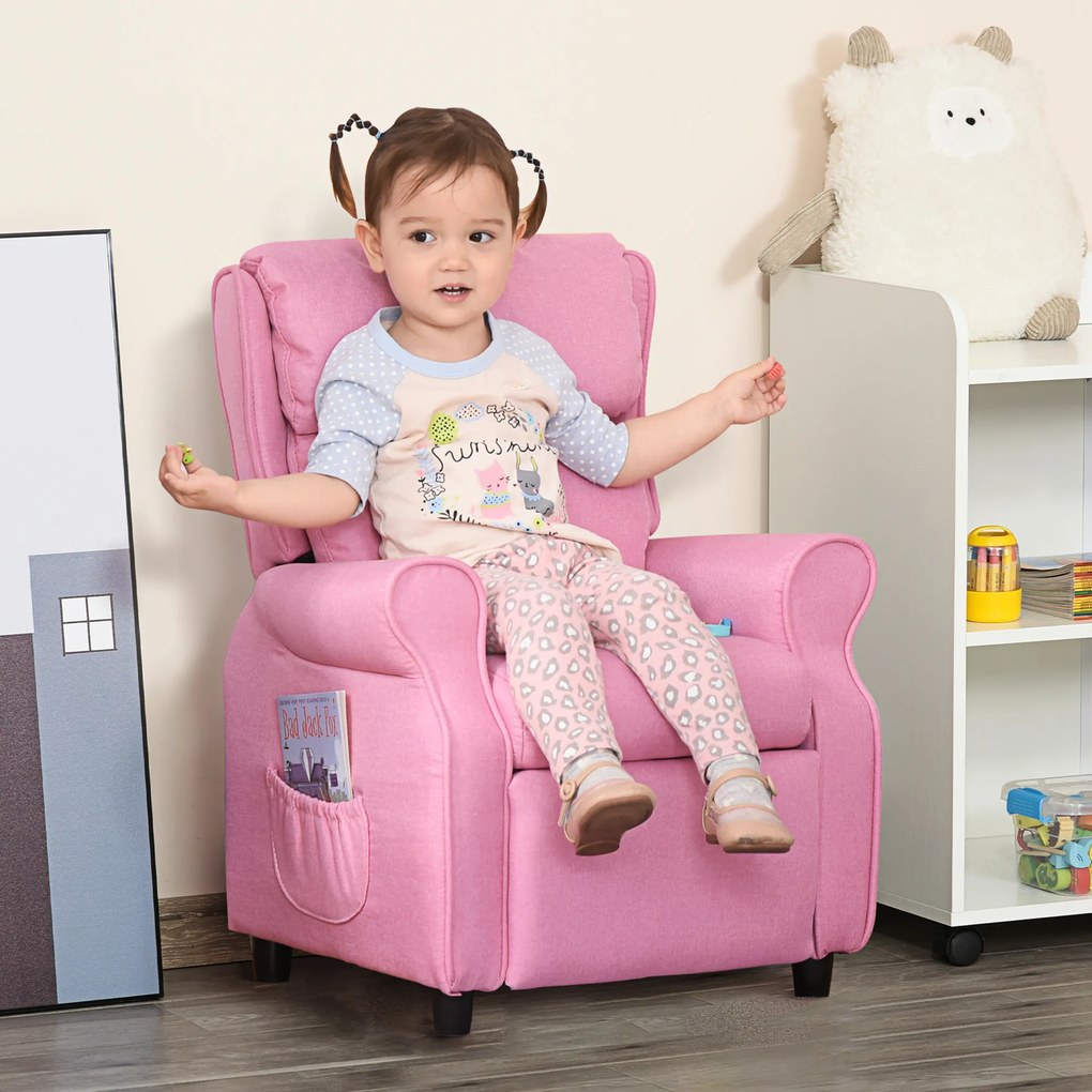 HOMCOM Nastavitelná dětská pohovka s podnožkou, útulné dětské křeslo pro 3-5 let, růžová barva, 58x53x70cm, ideální pro chlapce i dívky