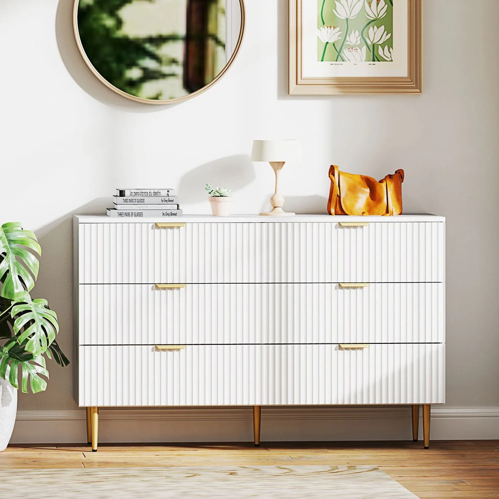 HOMCOM Komoda s 6 Zásuvkami - Moderní Úložný Nábytek s Rukojeťmi a Zlatými Nohy do Ložnice a Obývacího Pokoj, Rozměry: 120 x 40 x 76,5 cm, Bílá | Aoso