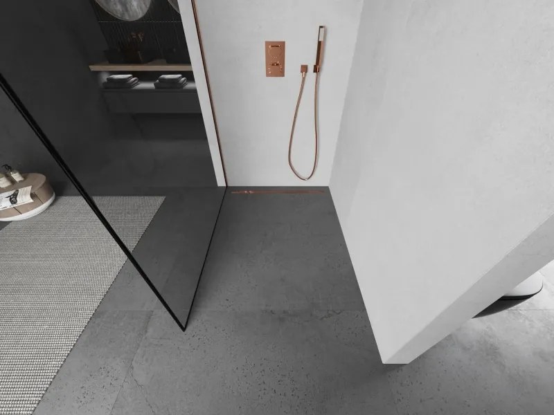 Mexen Kioto L, sprchová zástěna Walk-In 90 x 200 cm, 8mm čiré sklo černý vzor, ​​růžové zlato profil, 800-090-103-60-70