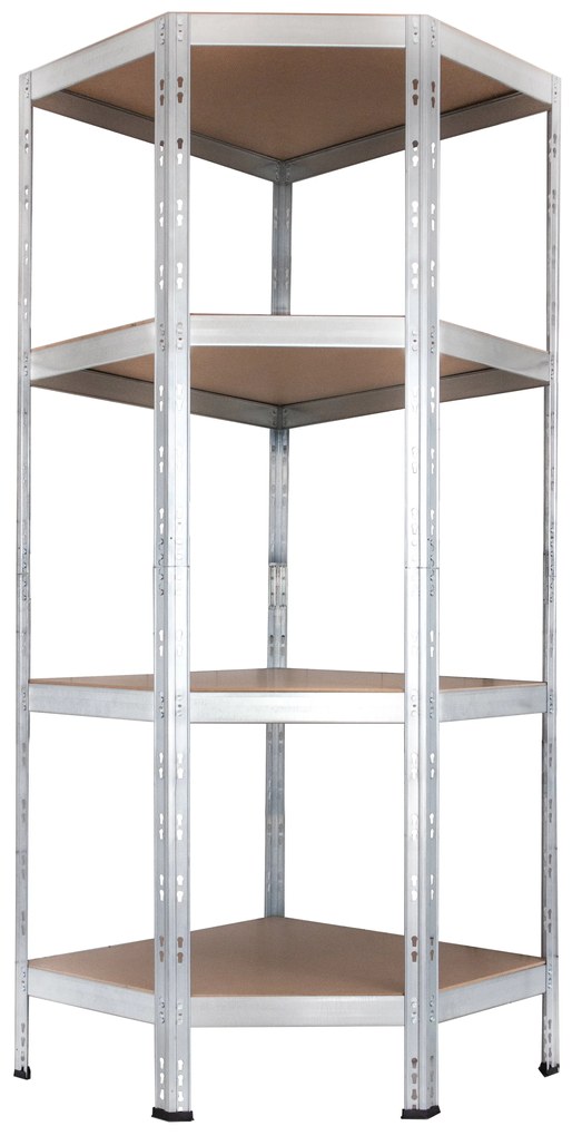 Rohový kovový regál RIVET BUGDET, 180x70x70x40 cm, 4x HDF police, zinek