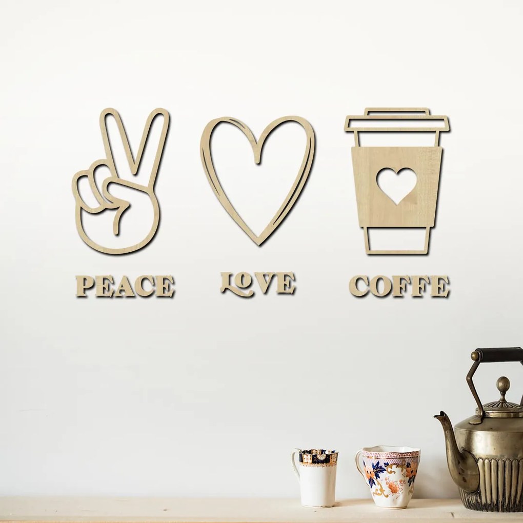 dřevo života Dřevěná dekorace na zeď Peace, love, coffee Zvolte rozměr (cm): 60x30, Zvolte barvu dekoru: Horský dub