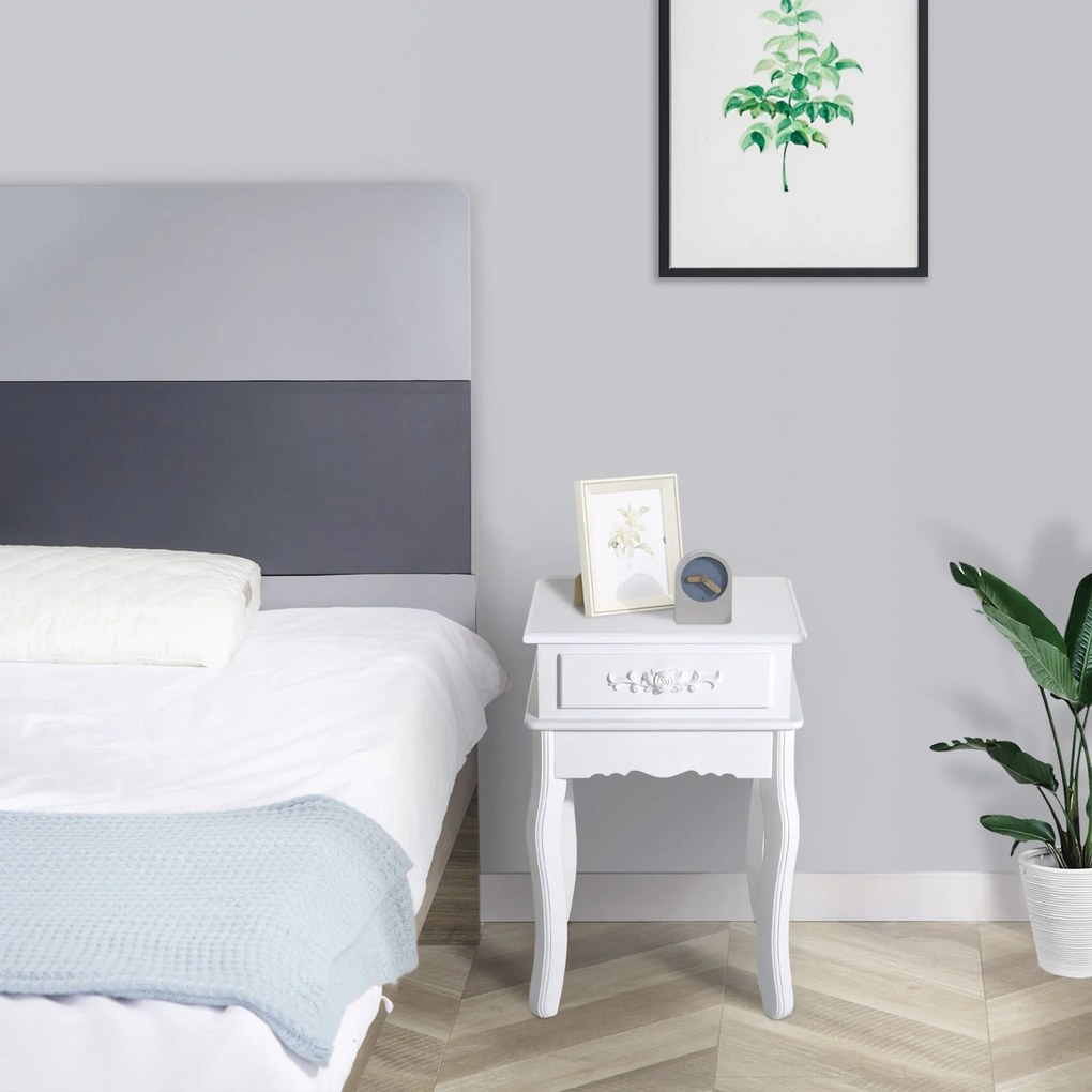 HOMCOM Noční stolek s 1 zásuvkou, dřevěný stolek pro ložnici a obývací pokoj, moderní styl 40x35x60 cm, bílý