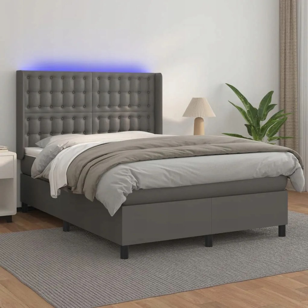 Box Spring Postel S Matrací A Led Šedá Umělá Kůže Šedá tlačítka 140 x 190