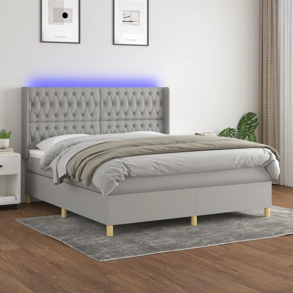 Box spring postel s matrací a LED světle šedá 180x200 cm textil,  3139133