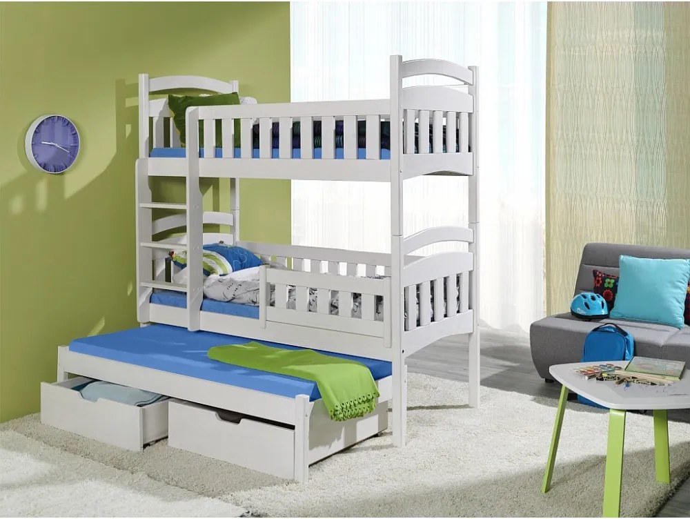 Poschoďová postel s přistýlkou a úložným prostorem pro 3 děti DOMI, masiv borovice MEBLOBED