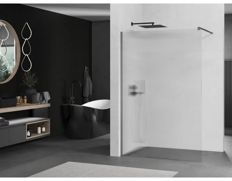 Mexen Kioto, sprchová zástěna Walk-In 130 x 200 cm, 8mm sklo s žebrovým vzorem, grafitový profil, 800-130-101-95-09