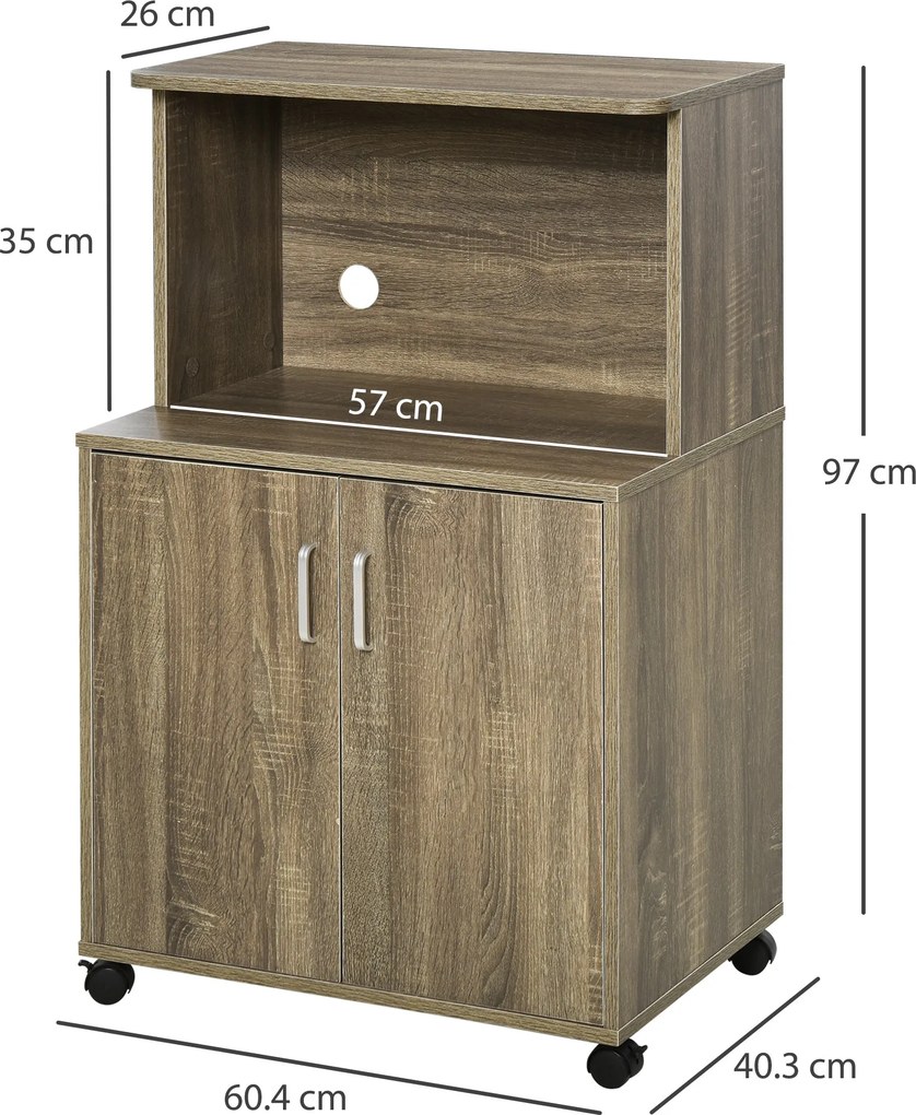 HOMCOM Víceúčelový Kuchyňský Vozík s 4 Kolíky, Skříňka se Policí pro Mikrovlnku z Dřevotřísky, 60,4x40,3x97cm, Šedá