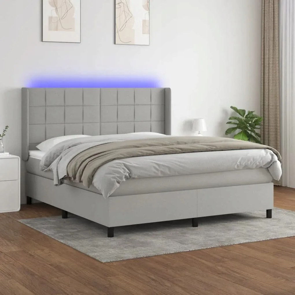 Box Spring Postel S Matrací A Led Textil Světle Šedá Blok se čtverci 160