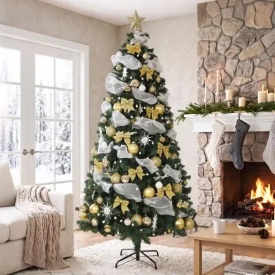 HOMCOM vánoční strom 230 cm s 250 LED, 1136 větví, 8 režimů, koule, stuhy a mašle, dálkové ovládání a skládací základna, zelená