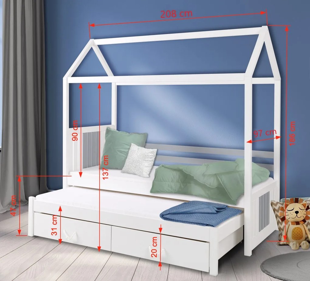 Dětská domečková postel z masivu borovice JONAS s přistýlkou a šuplíky - 200x90 cm - bílá/šedá