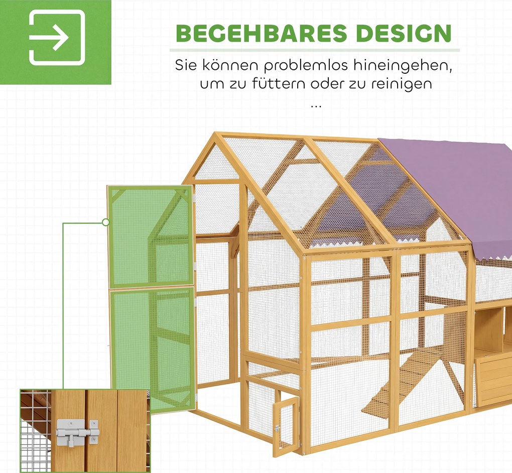 Dřevěný kurník s volným výběhem, bezpečnostní zámek, dvířka, 4 hnízdní boxy, pro 8-12 kuřat, cca 2,8 x 1,8 x 1,9 m, žlutý