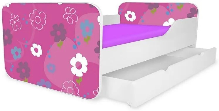 Dětská postel se šuplíkem - Růžová s kytkami - kwadra - 180 x 80 cm