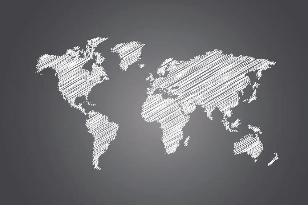 Samolepící tapeta šrafovaná mapa světa v černobílém provedení - 225x150 cm