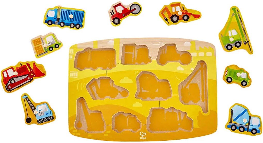 HAPE DŘEVO Puzzle na desce Stavaři auta 9 dílků s úchyty skládačka e1407