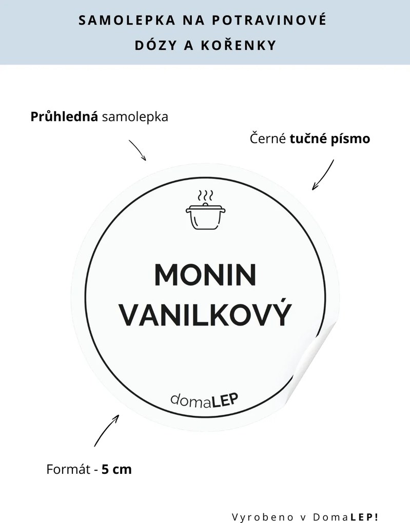 Samolepka na láhev MONIN VANILKOVÝ průměr 5 cm – průhledná vinylová, voděodolná, omyvatelná samolepka na dózy, tučné písmo