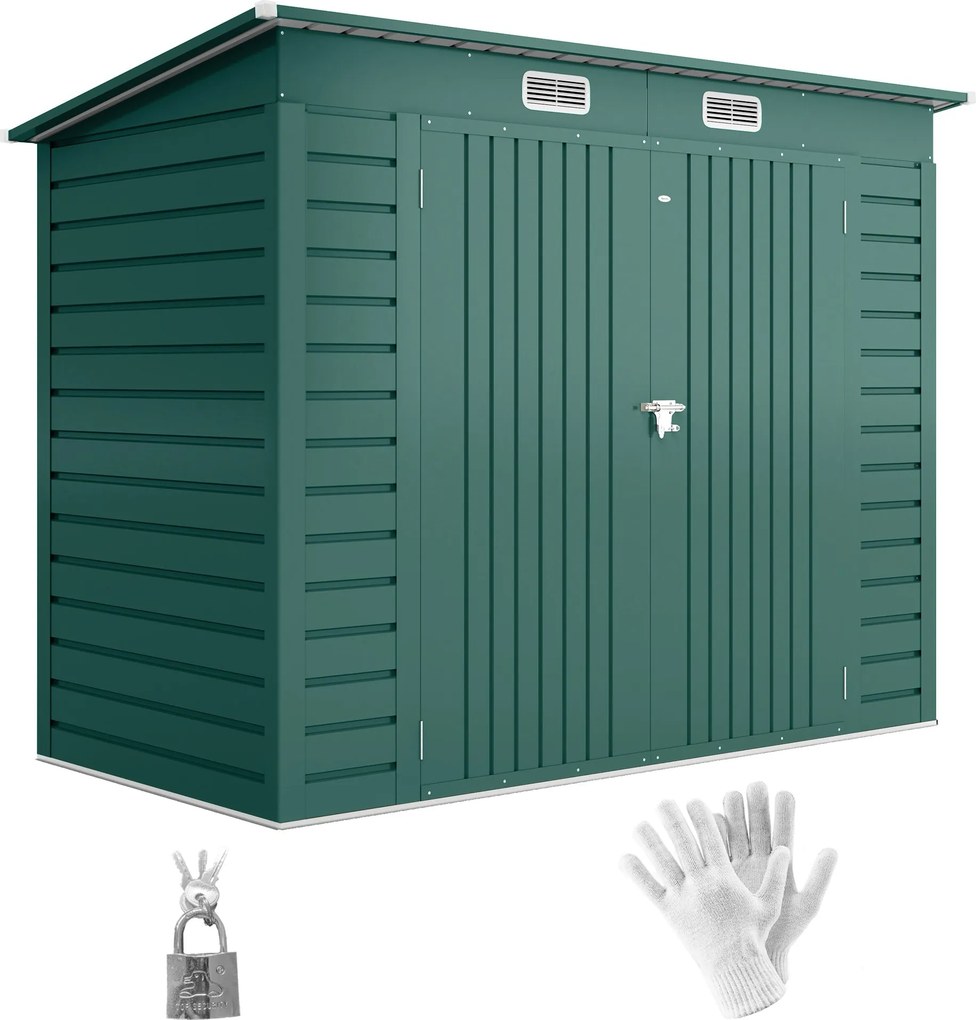 Outsunny Kovový Kůlna na Nářadí 4,1 m² 249x121x183cm S Pultovou Střechou Uzamykatelné Dvoukřídlé Dveře Okno Zahradní Dům Venku Zahradní Kůlna Kabinet