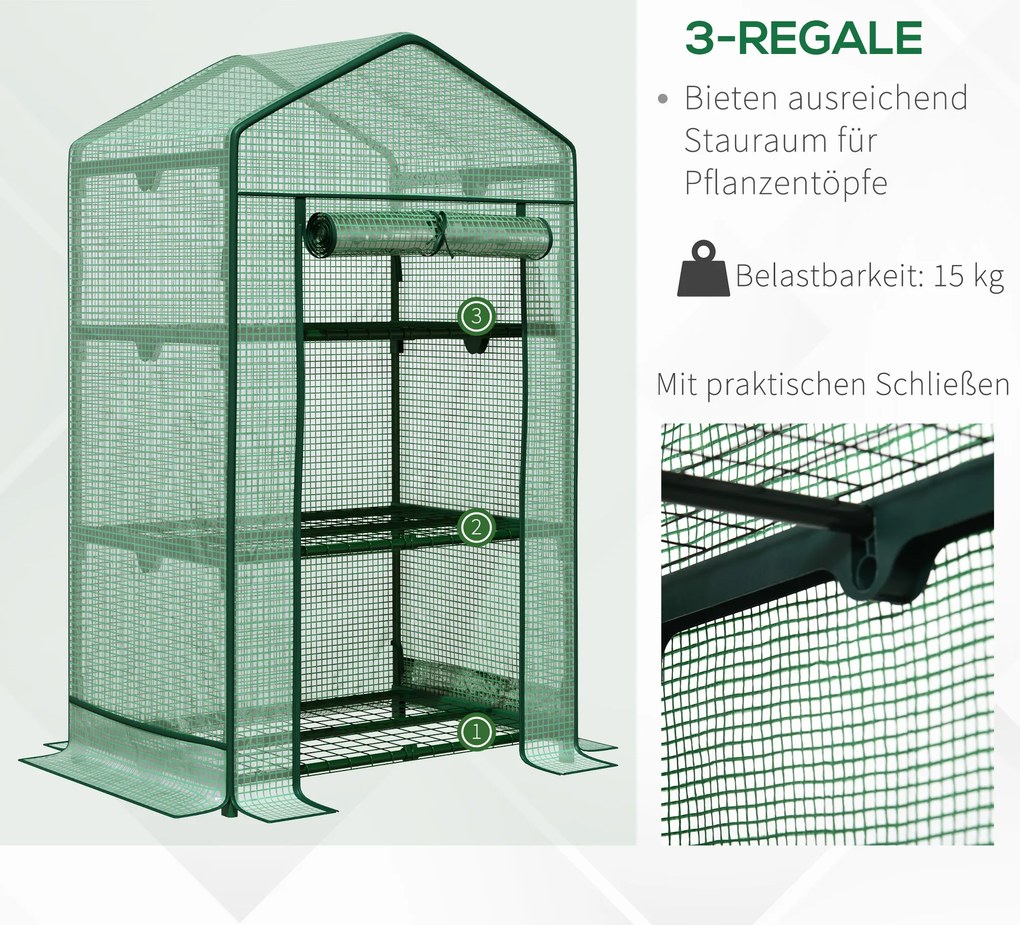 Mini skleník Outsunny s fóliovým krytem a 3 policemi, rolovací dvířka, zeleninový záhon v zelené barvě 69 x 49 x 125 cm pro milovníky zahrady