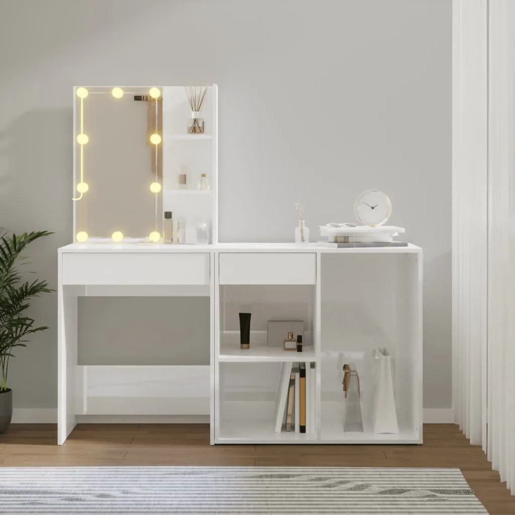 Led Toaletní Stolek Se Skříňkou Lesklý Bílý Kompozitní Dřevo