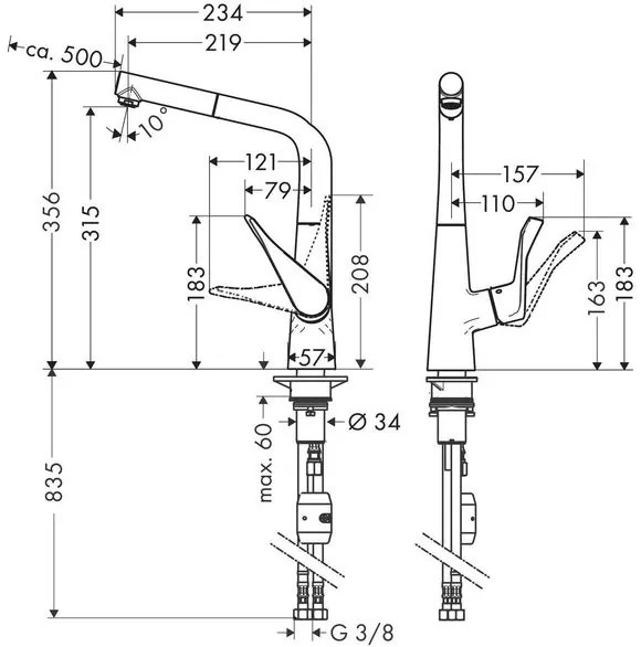 Hansgrohe Metris M71 Dřezová baterie se sprškou, EcoSmart, chrom 14781000