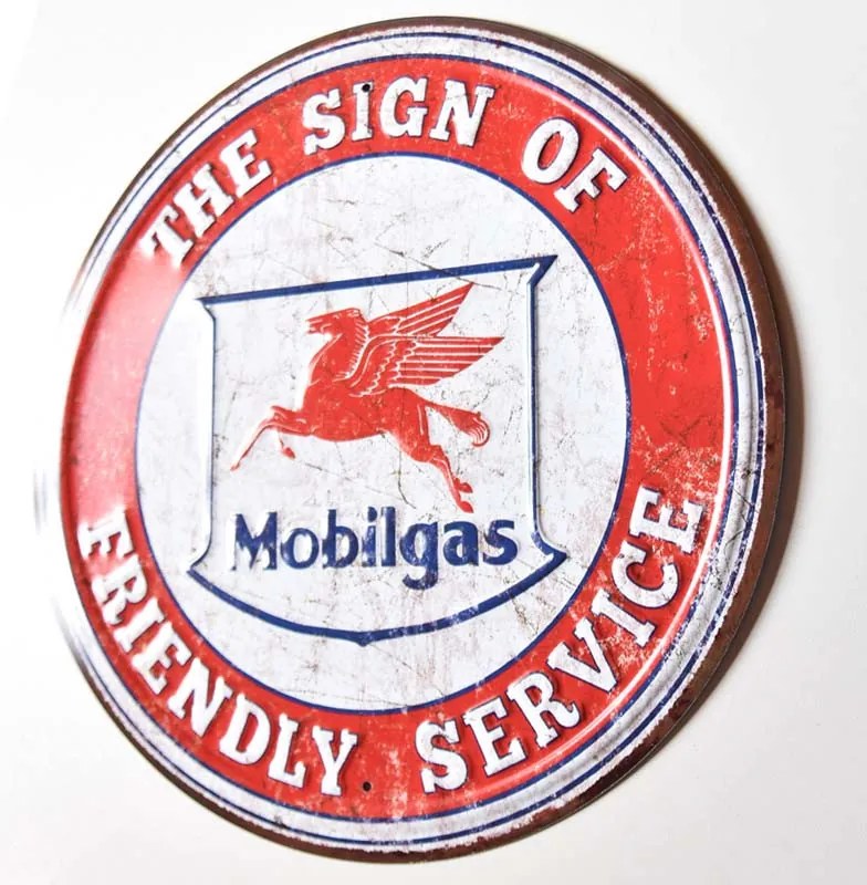 Plechová cedule Mobilgas Friendly Service round 30 cm