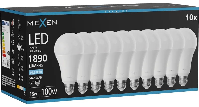 Mexen Nova 10x LED žárovka E27, A70, 18W, Studená - 6500K, 1890 lm - L100-E27-1865-01x10
