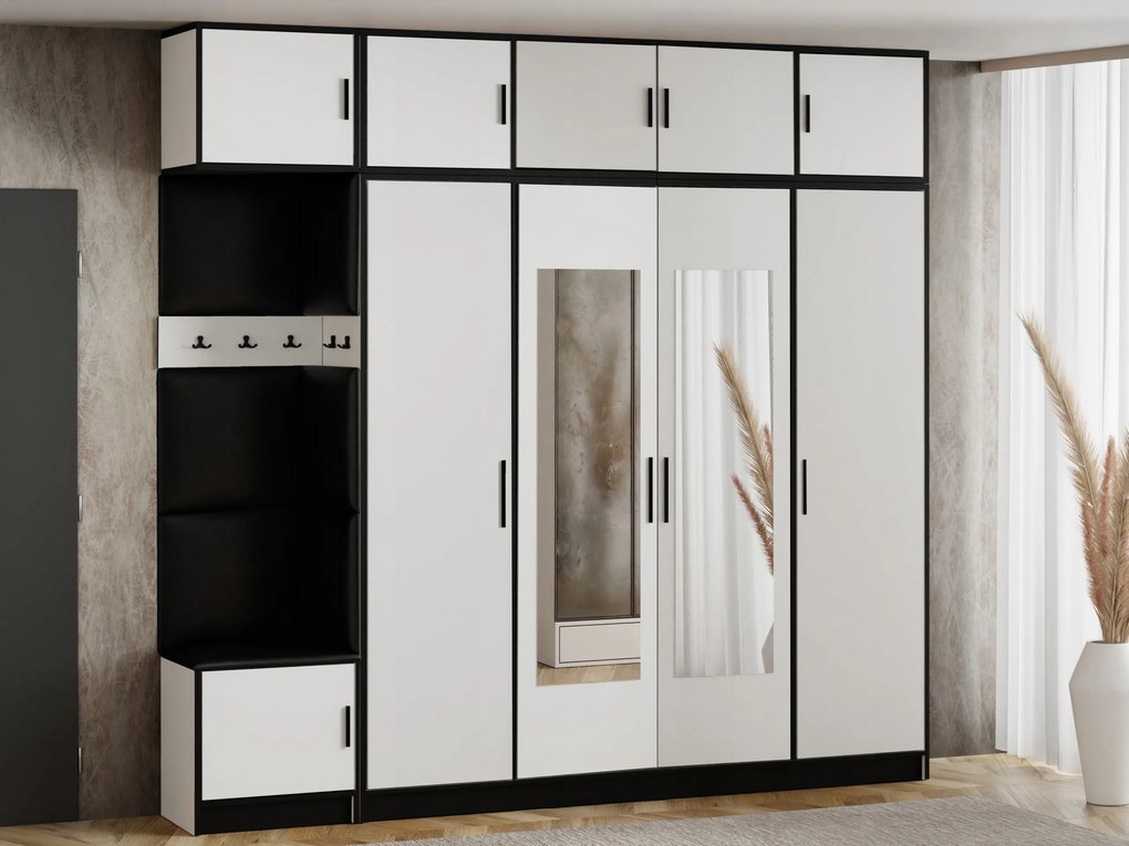 Šatní skříň s nástavcem ROJ 15 bílý + ecoskóra černý