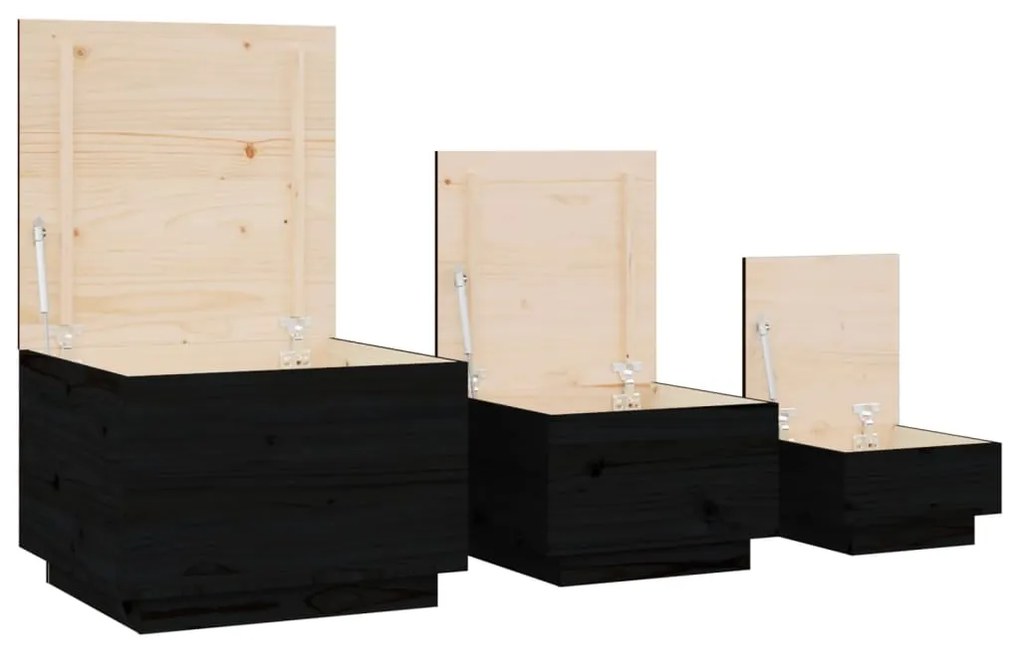Úložné boxy s víkem 3 ks černé masivní borové dřevo - Default Title