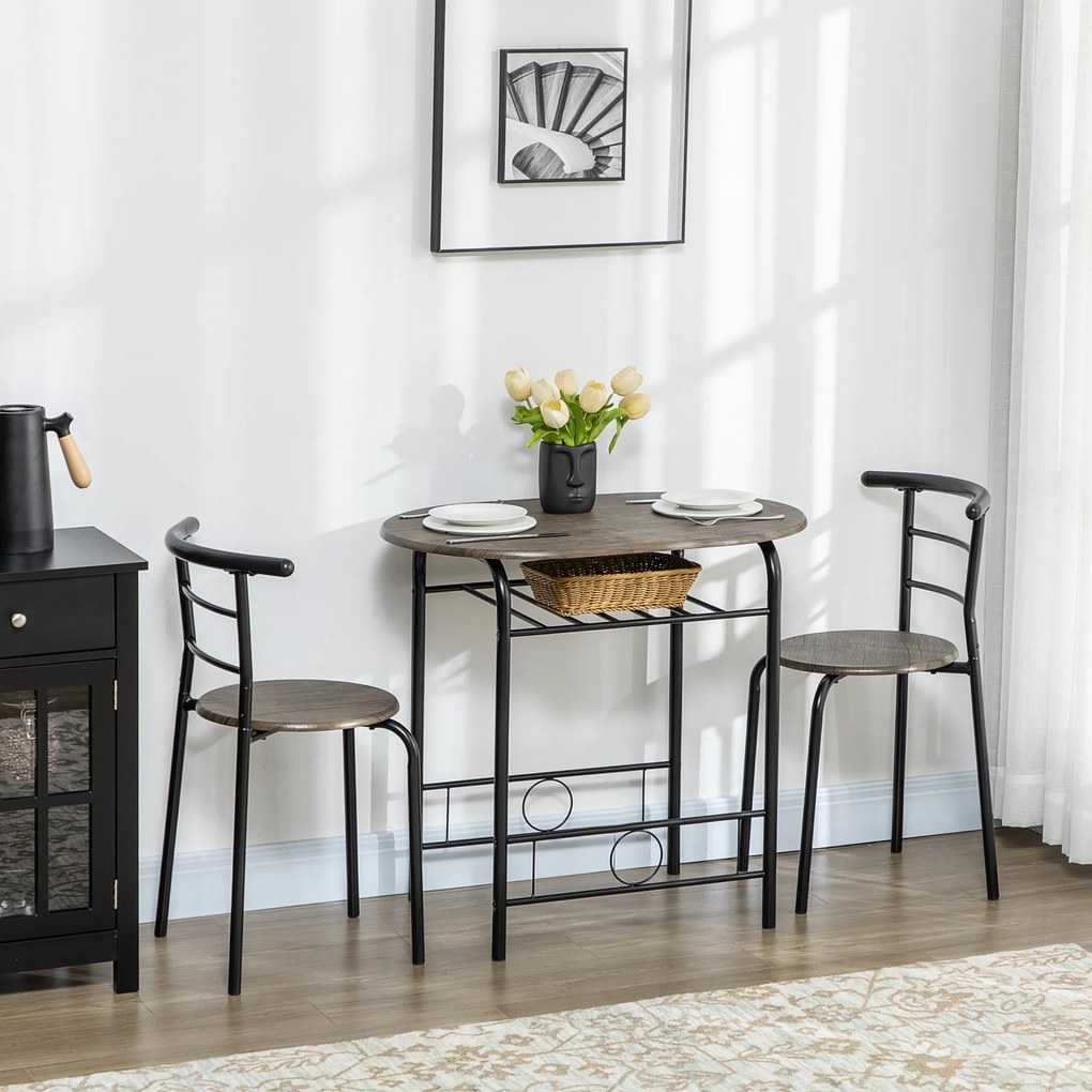 HOMCOM Jídelní set, Jídelní stůl se 2 židlemi, Oválný kuchyňský stůl s úložným prostorem, Kuchyňský set, Stolová sestava do kuchyně, Kov, Černá