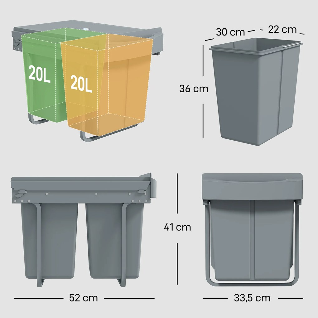 HOMCOM Vysunovací odpadkový koš, 2 x 20 L, vyjímatelné nádoby, plast, kov, šedá
