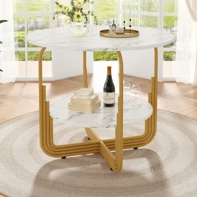 Aosom Kulatý jídelní stůl pro 4 osoby, MDF deska s dolním úložným prostorem, 80 x 76 cm, bílá+zlatá