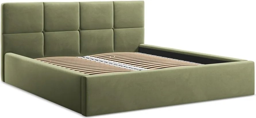 Zelená sametová čalouněná dvoulůžková postel s úložným prostorem s roštem 140x200 cm Hiko – Makamii