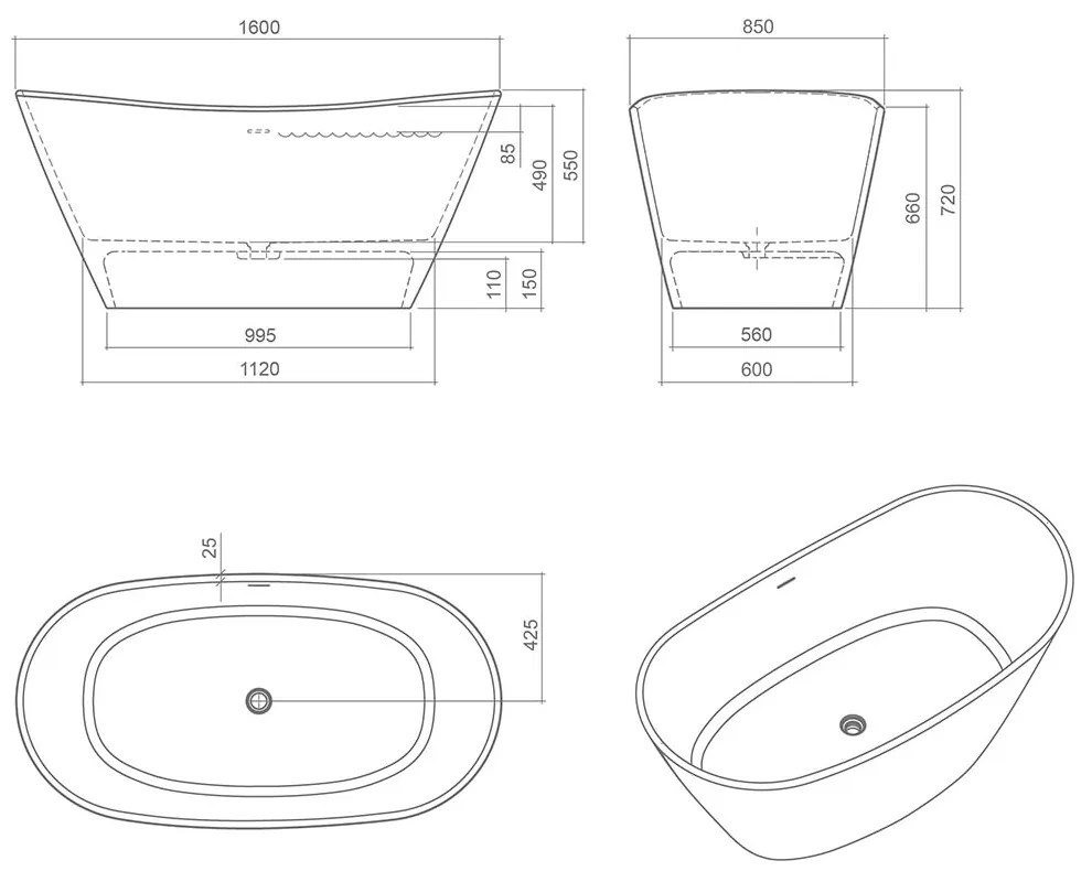 Oválná vana z litého mramoru STONE AMORE Z 1600 × 850 STONE AMORE 127 kg 260 l 9930000