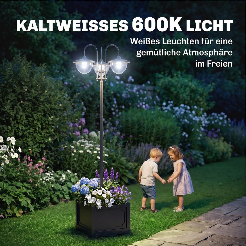 Outsunny solární světlo zahradní světlo 3-hlavová lampa s podstavcem květináče, vodotěsné, nerezová ocel, 60x55x189cm| Aosom